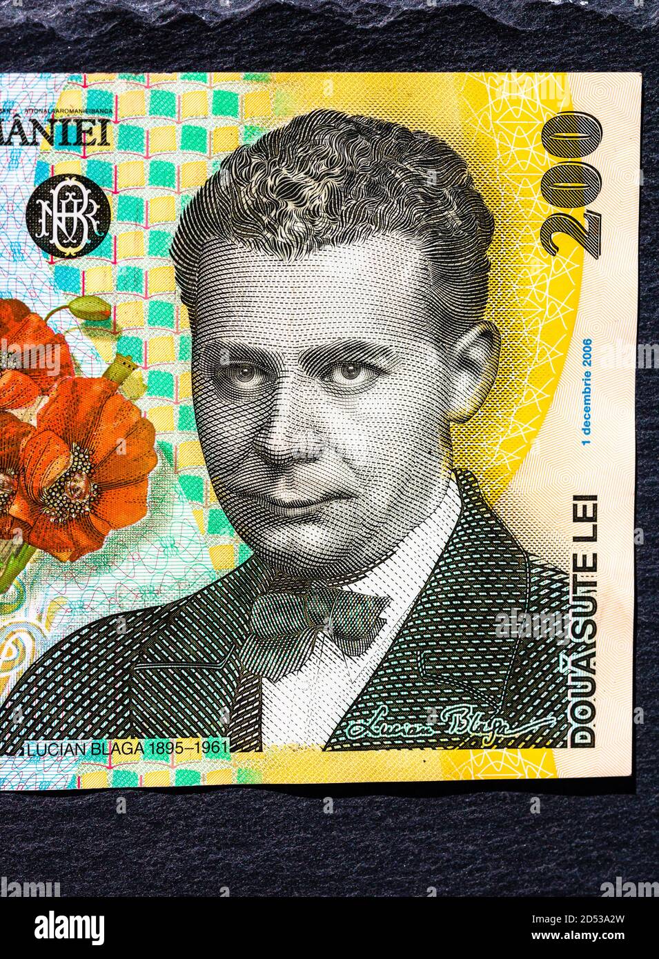 Selective focus on detail of lei banknotes. Close up macro detail of ...