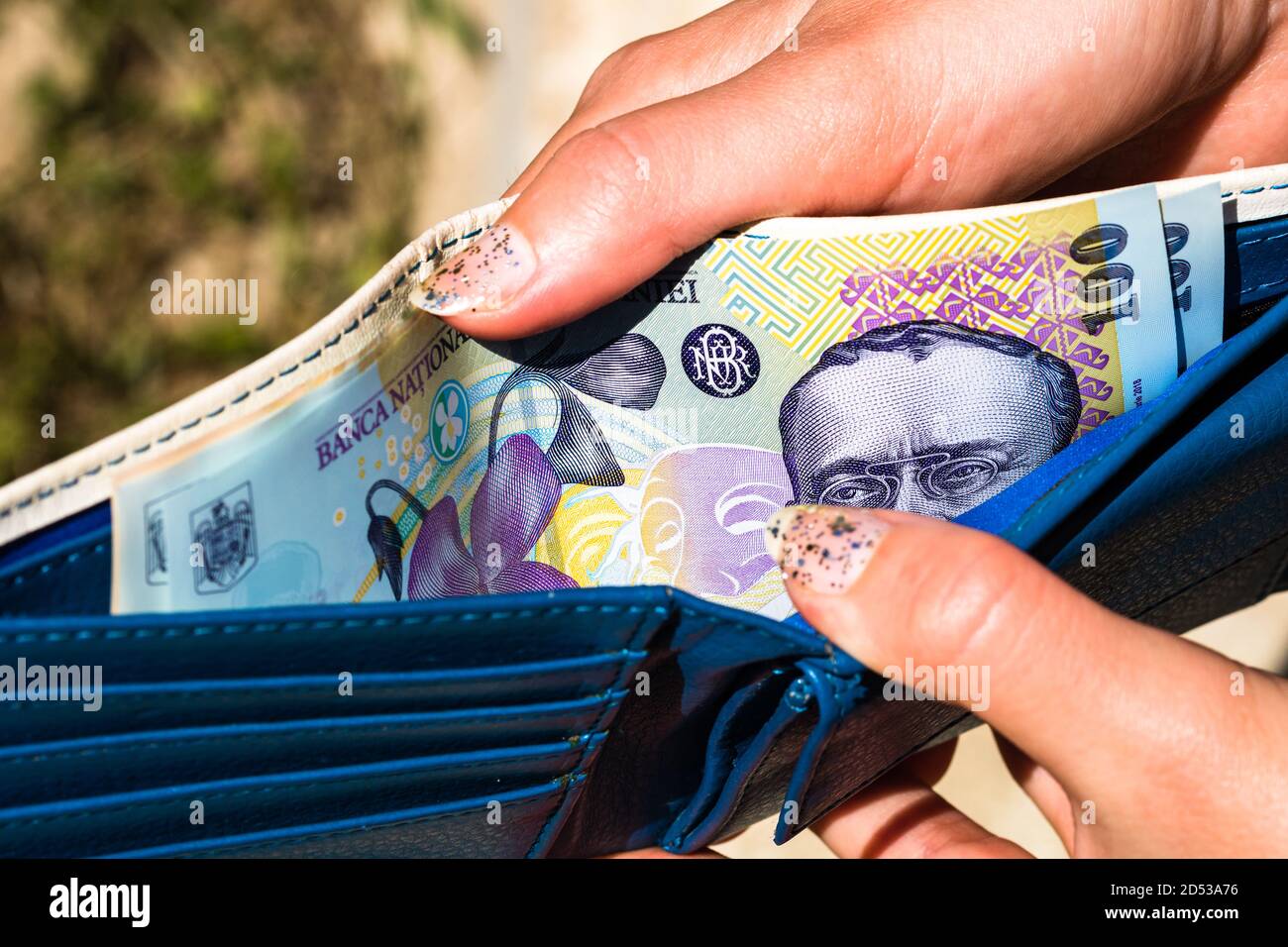 Hands holding and showing wallet with romanian money LEI Stock Photo ...