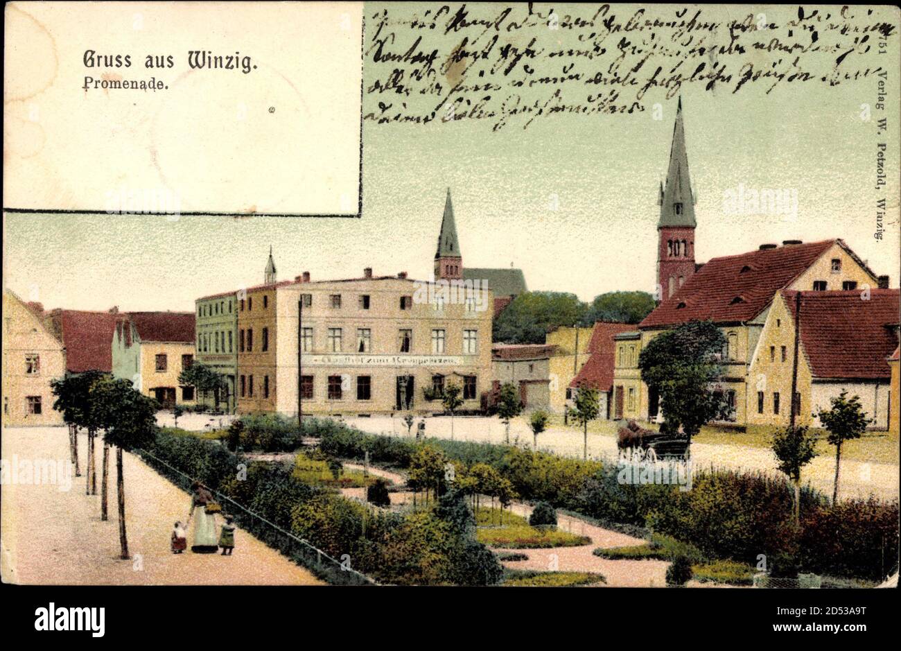 Wi?sko Winzig Schlesien, Promenade, Kirchtürme, Gasthof zum Kronprinzen ...