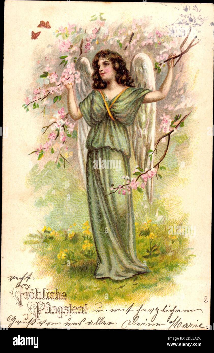 Glückwunsch Pfingsten, Engel unter einem blühenden Baum | usage ...