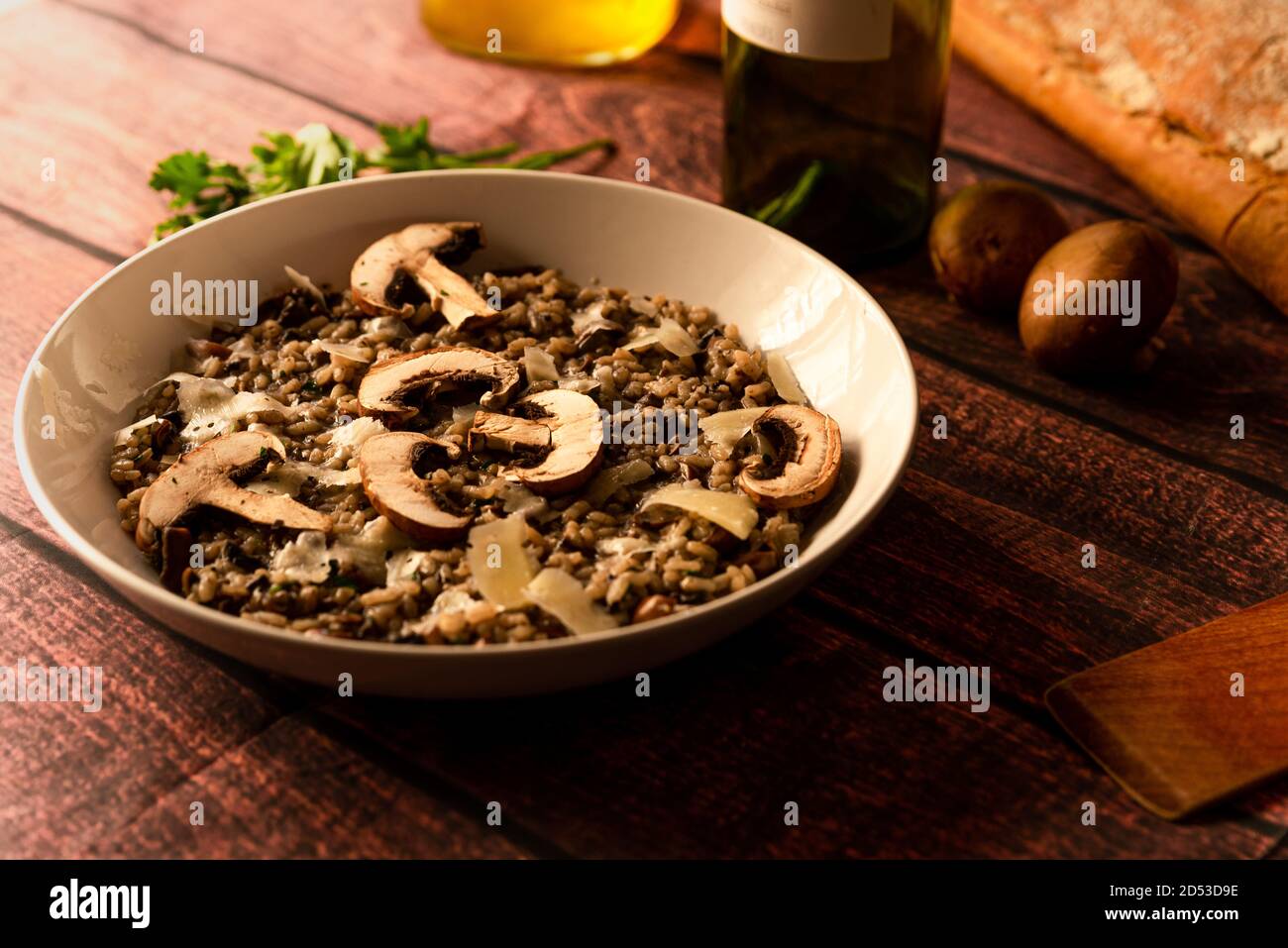 mushroom risotto, italian food known as "risotto ai funghi", top view ...
