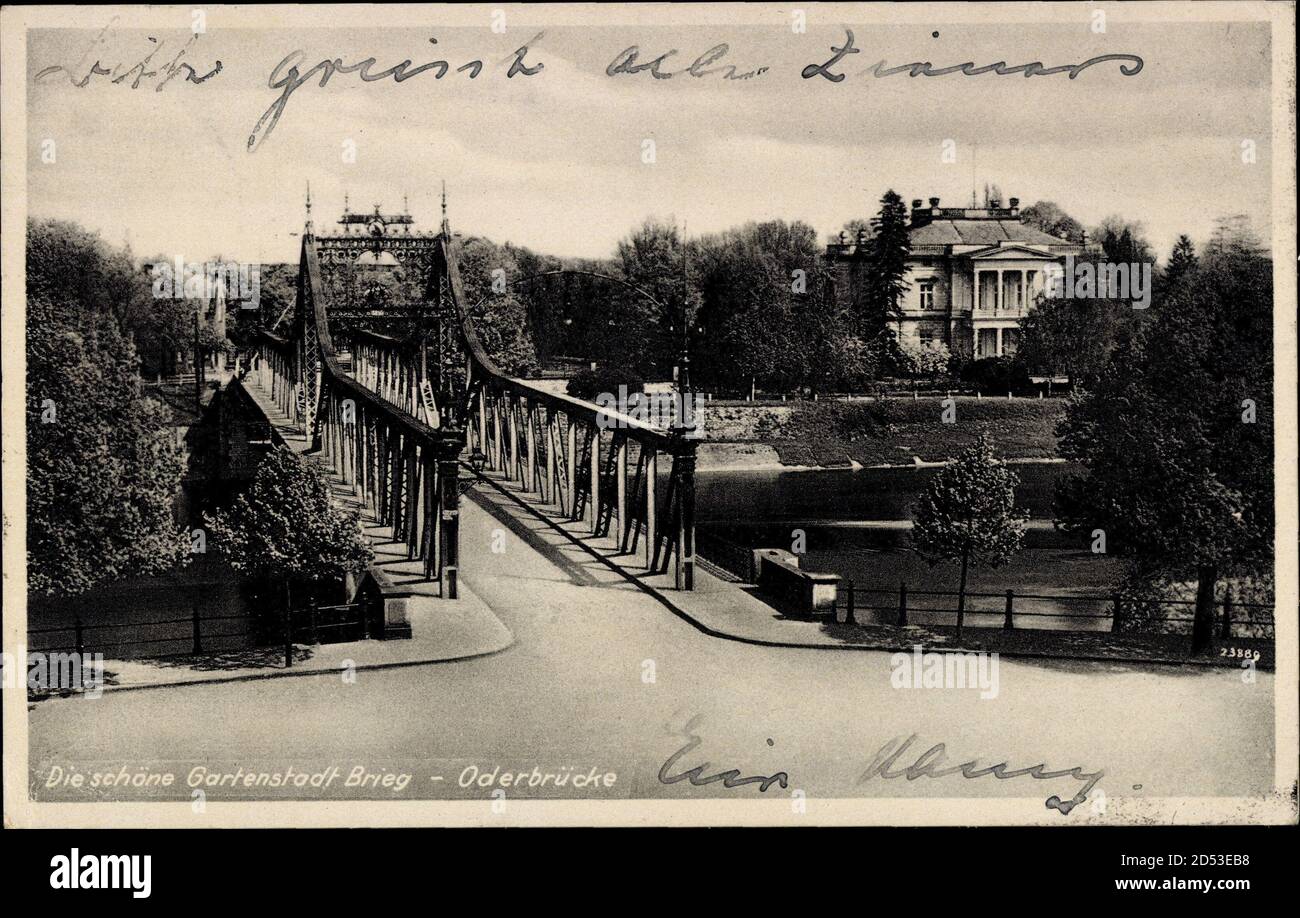 Brzeg Brieg Schlesien, Blick auf die Oderbrücke und die Umgebung ...