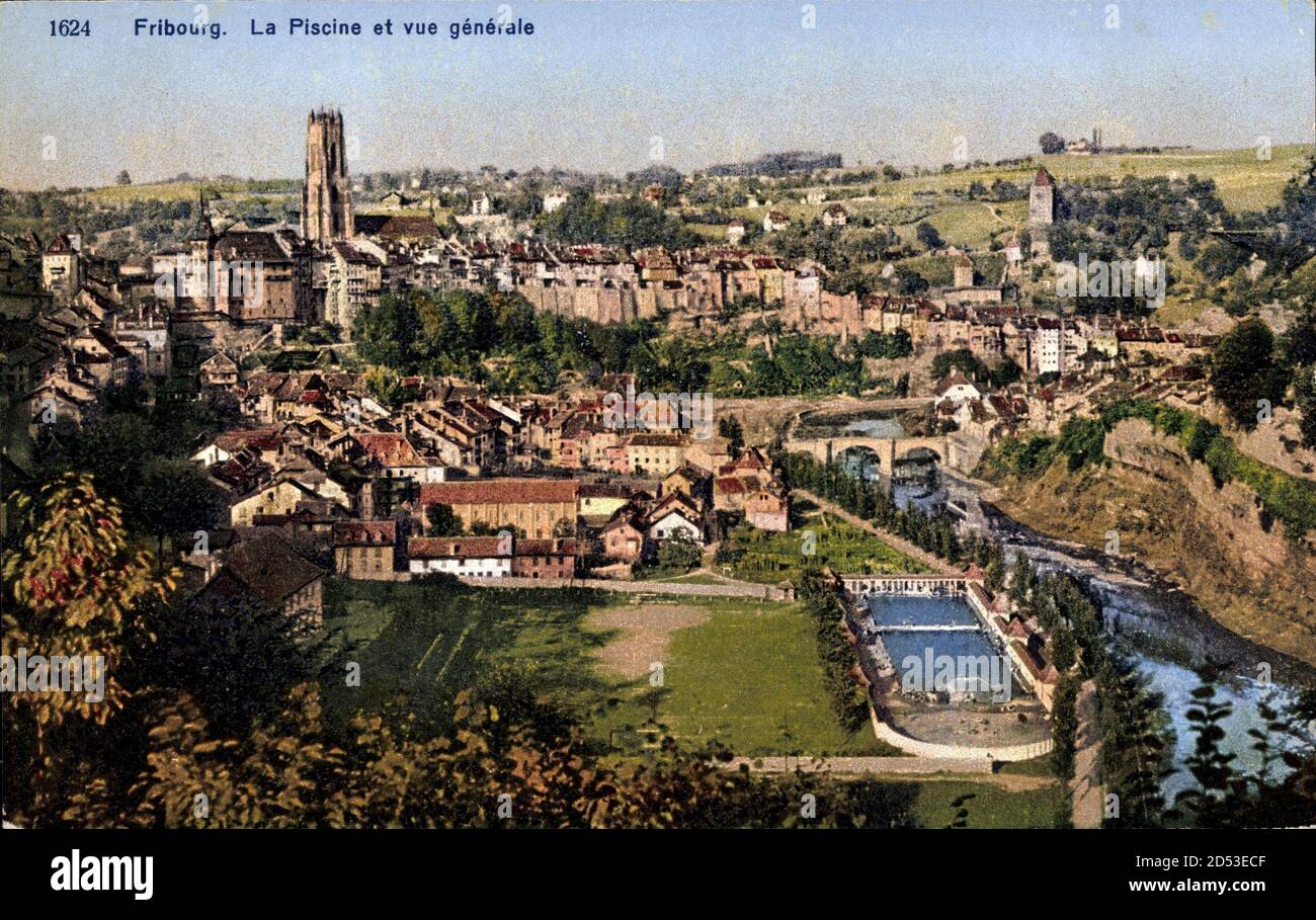 Fribourg Freiburg Stadt Schweiz, La Piscine et vue générale, Schwimmbad ...