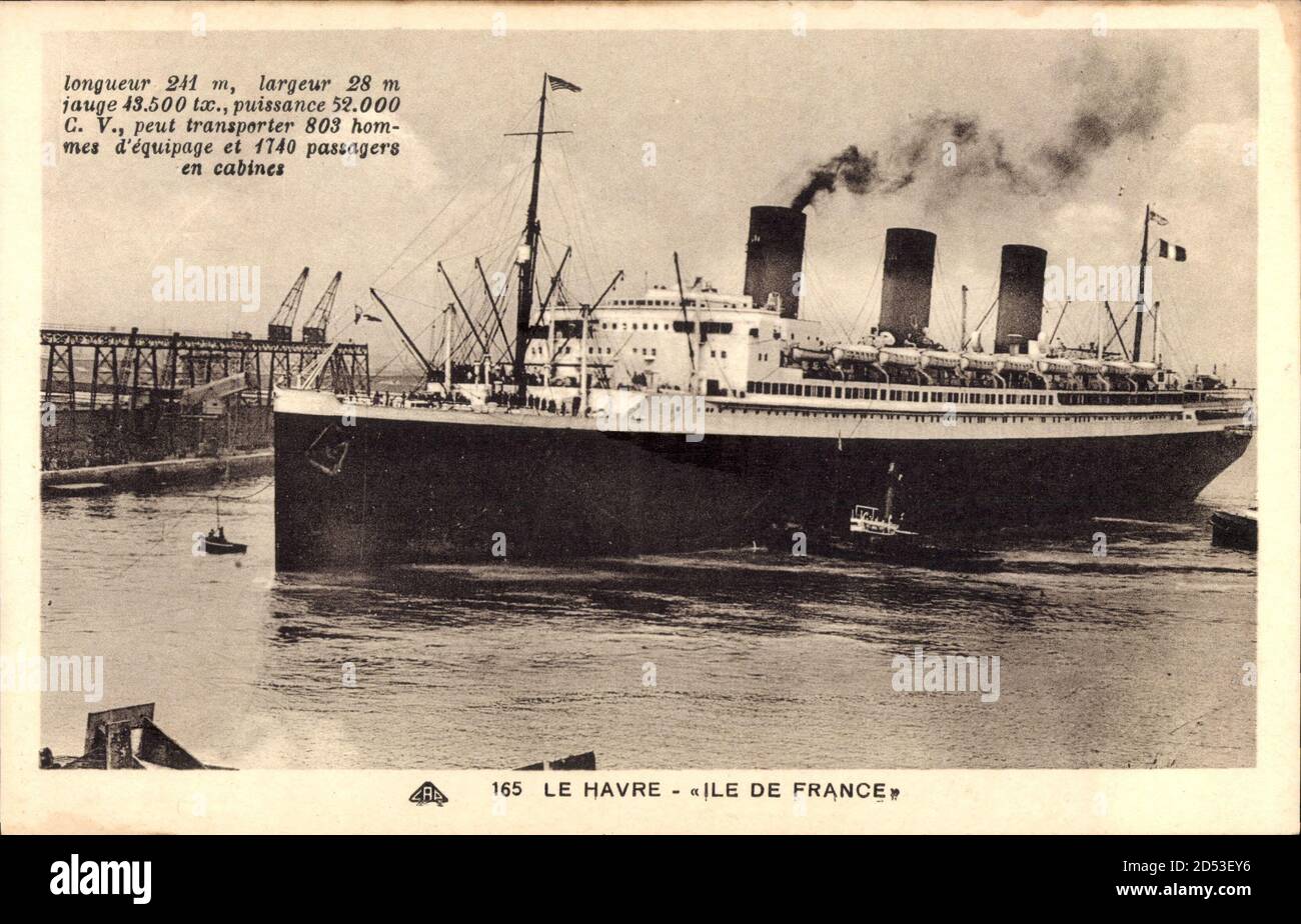 Le Havre, Paquebot Ile de France, CGT French Line, Transatlantique | usage worldwide Stock Photo ...