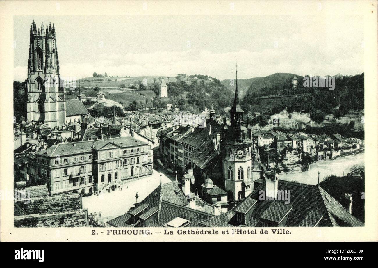 Freiburg Stadt Schweiz, La Cathédrale et l'Hotel de Ville, Rathaus ...