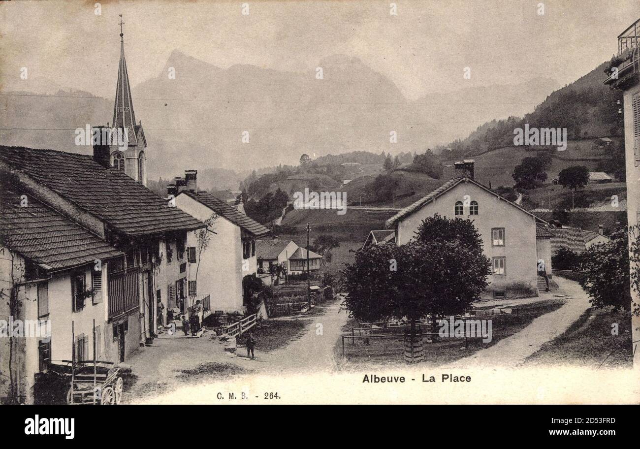 Albeuve Haut Intyamon Kt. Freiburg Schweiz, La Place, Kirchturm, Berge ...