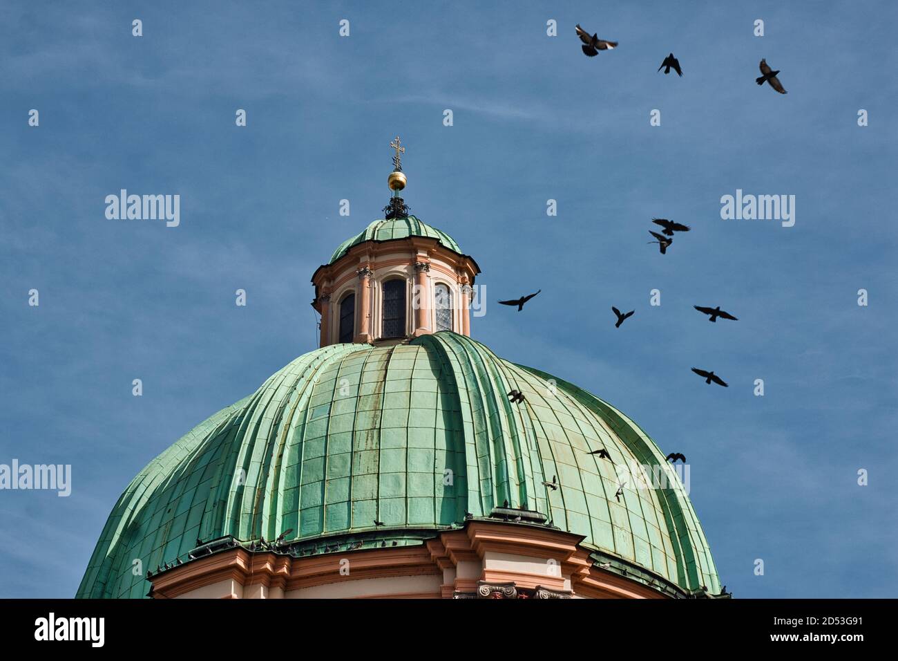 Prague, Czechia October 15, 2020 - Prague tower cupola with birds ...