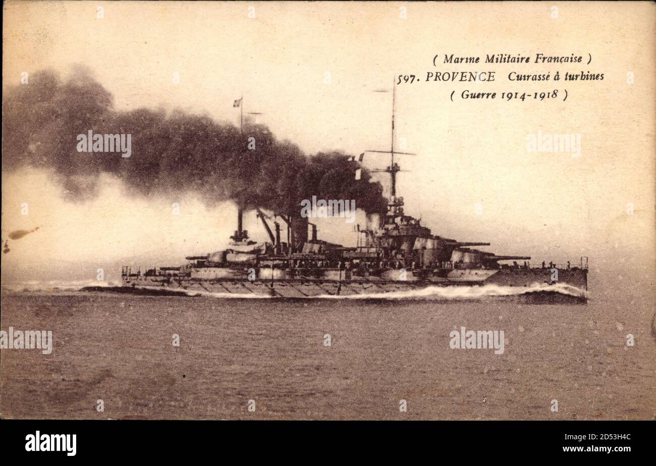 Französisches Kriegsschiff Provence, Cuirasse a turbines, Geschütztürme ...