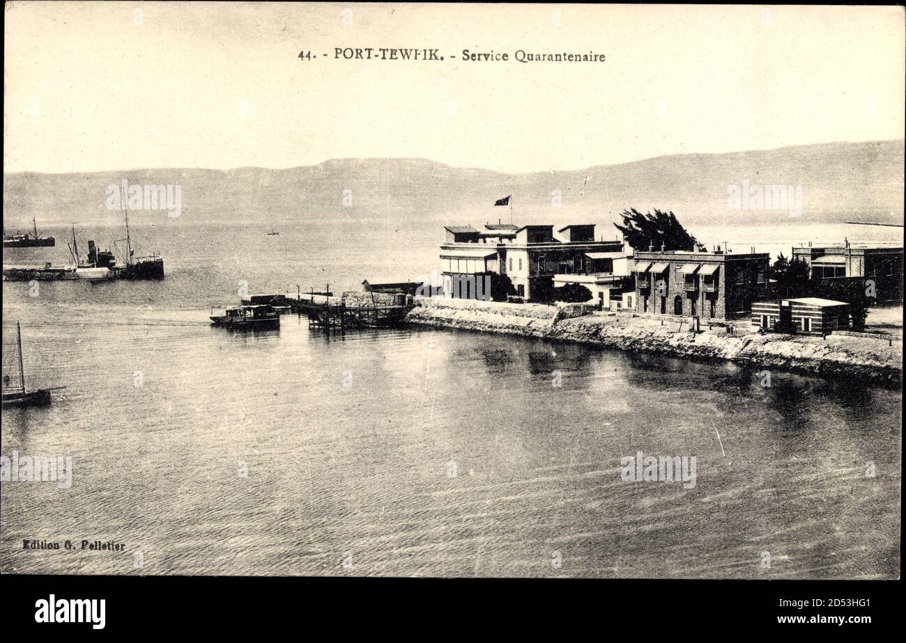 Port Tewfik Ägypten, Service Quarantenaire, Dampfschiff, Häuser, Berge ...