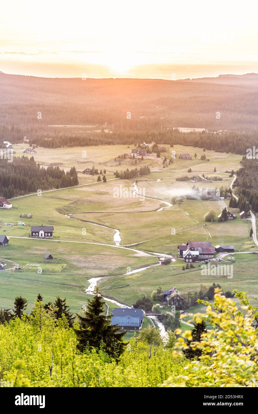 Jizerka village at sunset time. View from Bukovec Mountain, Jizera ...