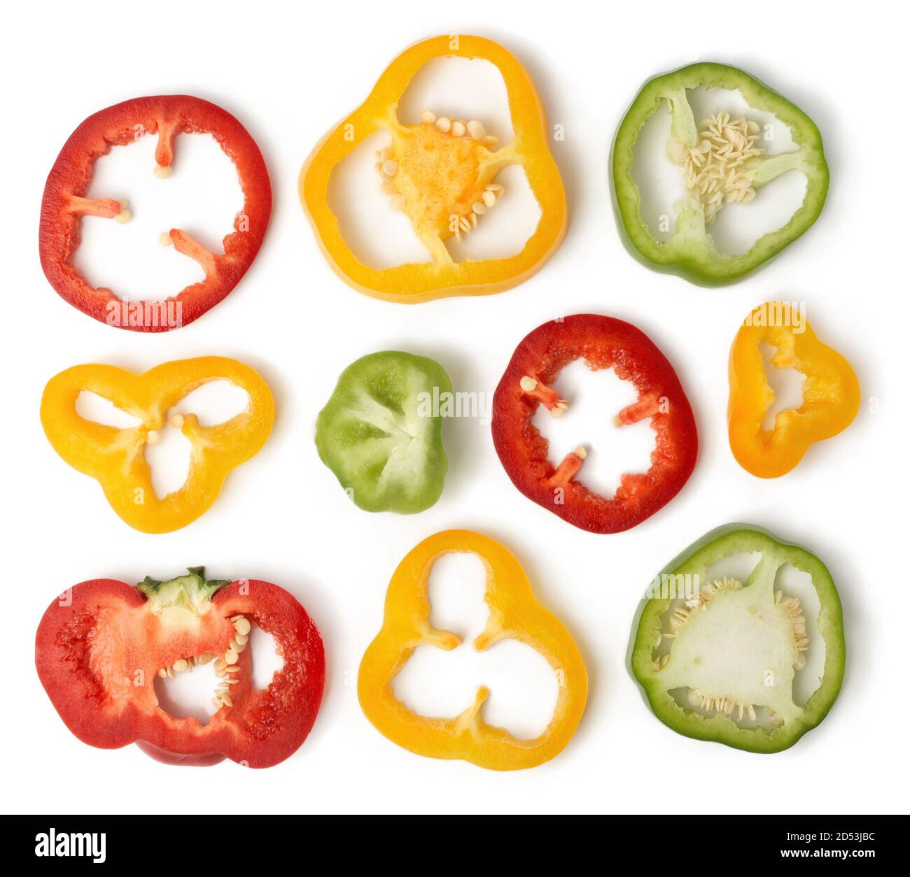 Sliced bell pepper rings, chopped tricolor сolorful bulgarian pepper ...