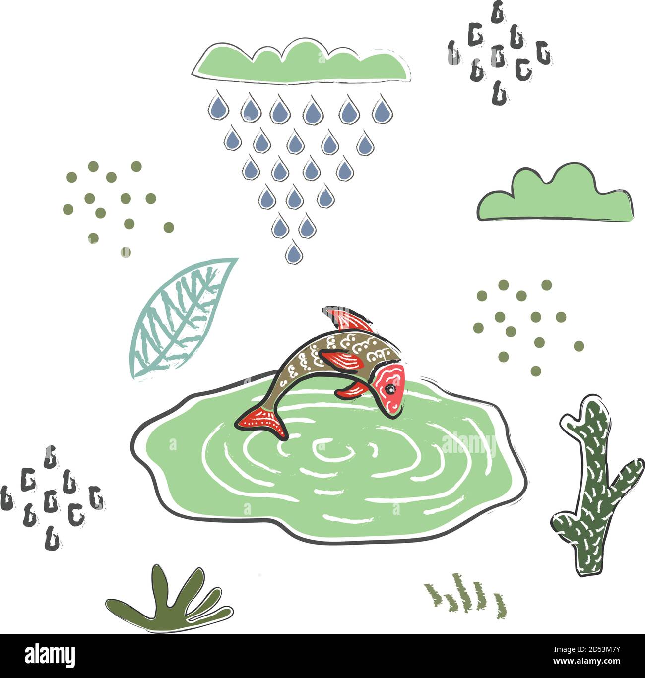 Cute Winter Icon with Pond. Hand Drawn Scandinavian Style. Vector ...