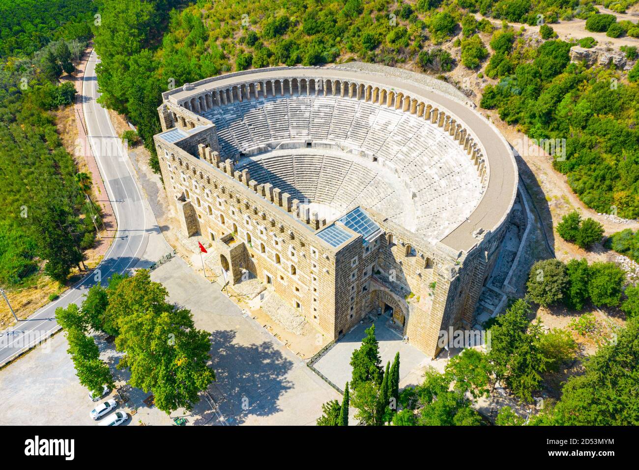 Aerial view of the ancient Aspendos amphitheater near Side town Stock ...