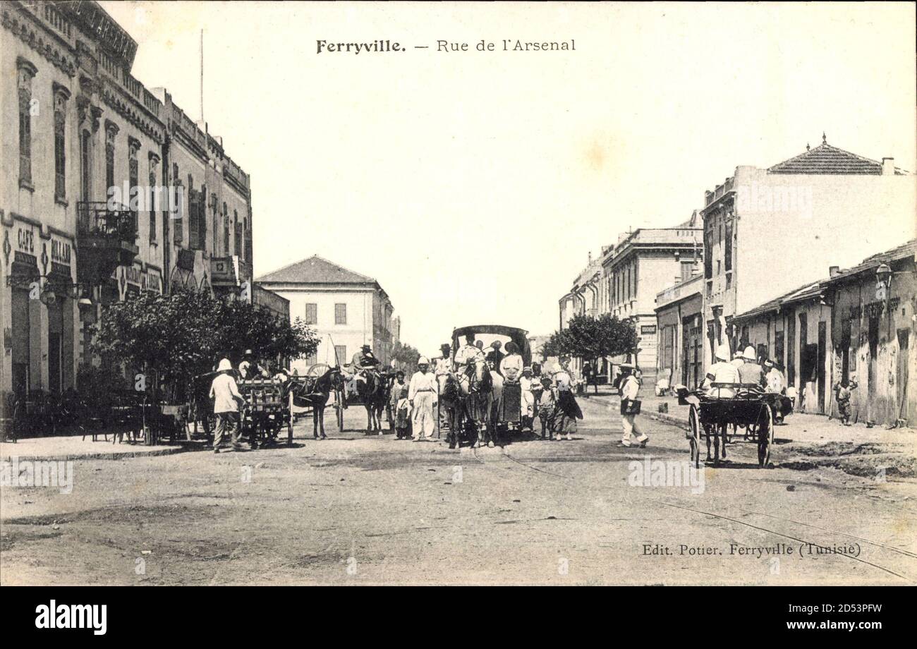 Ferryville Tunesien, Rue de l'Arsenal, Straßenpartie, Kutschen ...