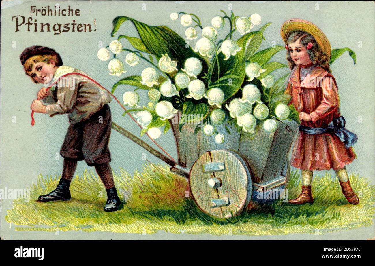 Glückwunsch Pfingsten, Kinder mit einem Karren voll Märzenbecher ...