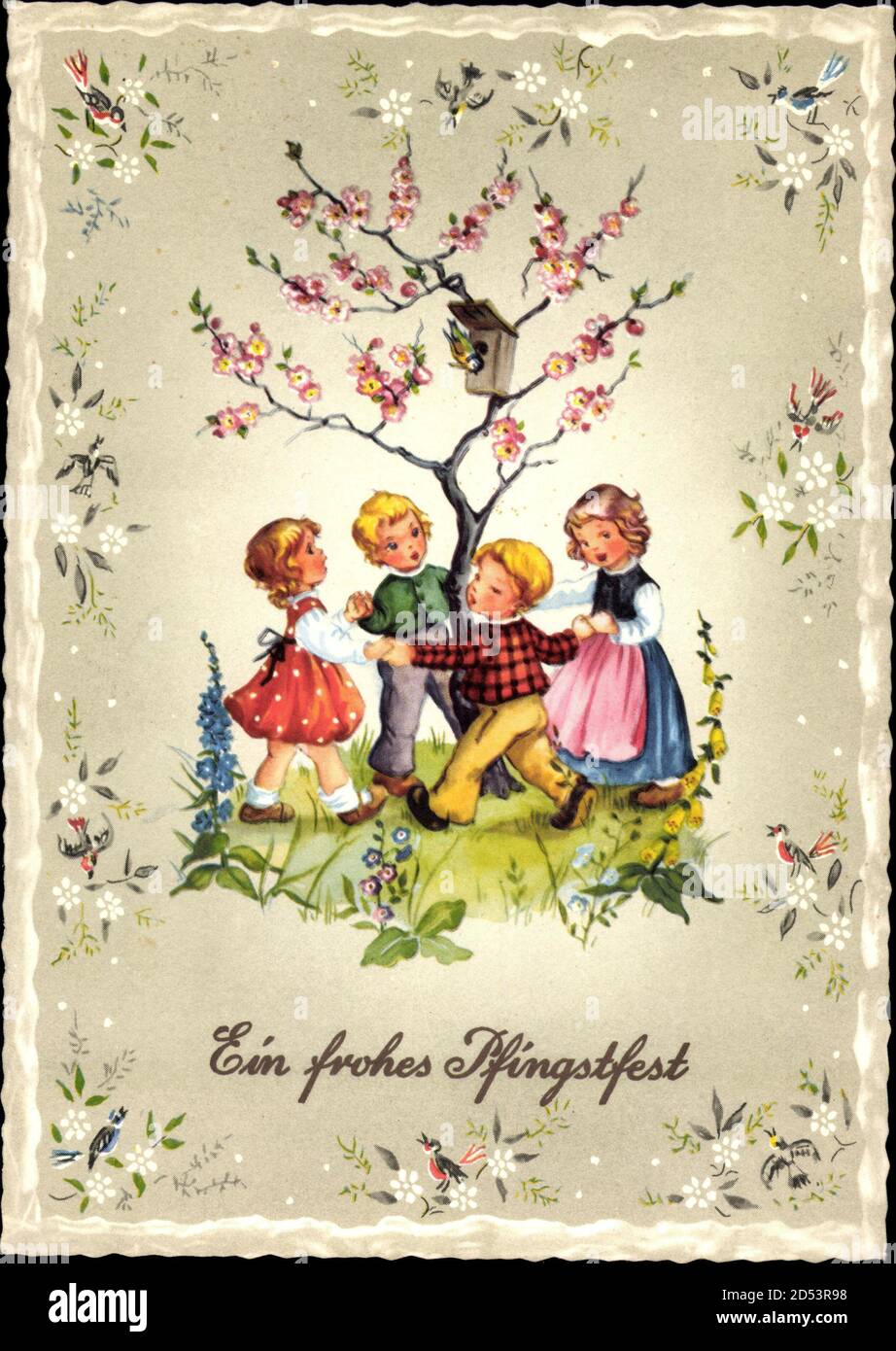 Glückwunsch Pfingsten, Kinder tanzen um einen Baum, Vogelhaus | usage ...