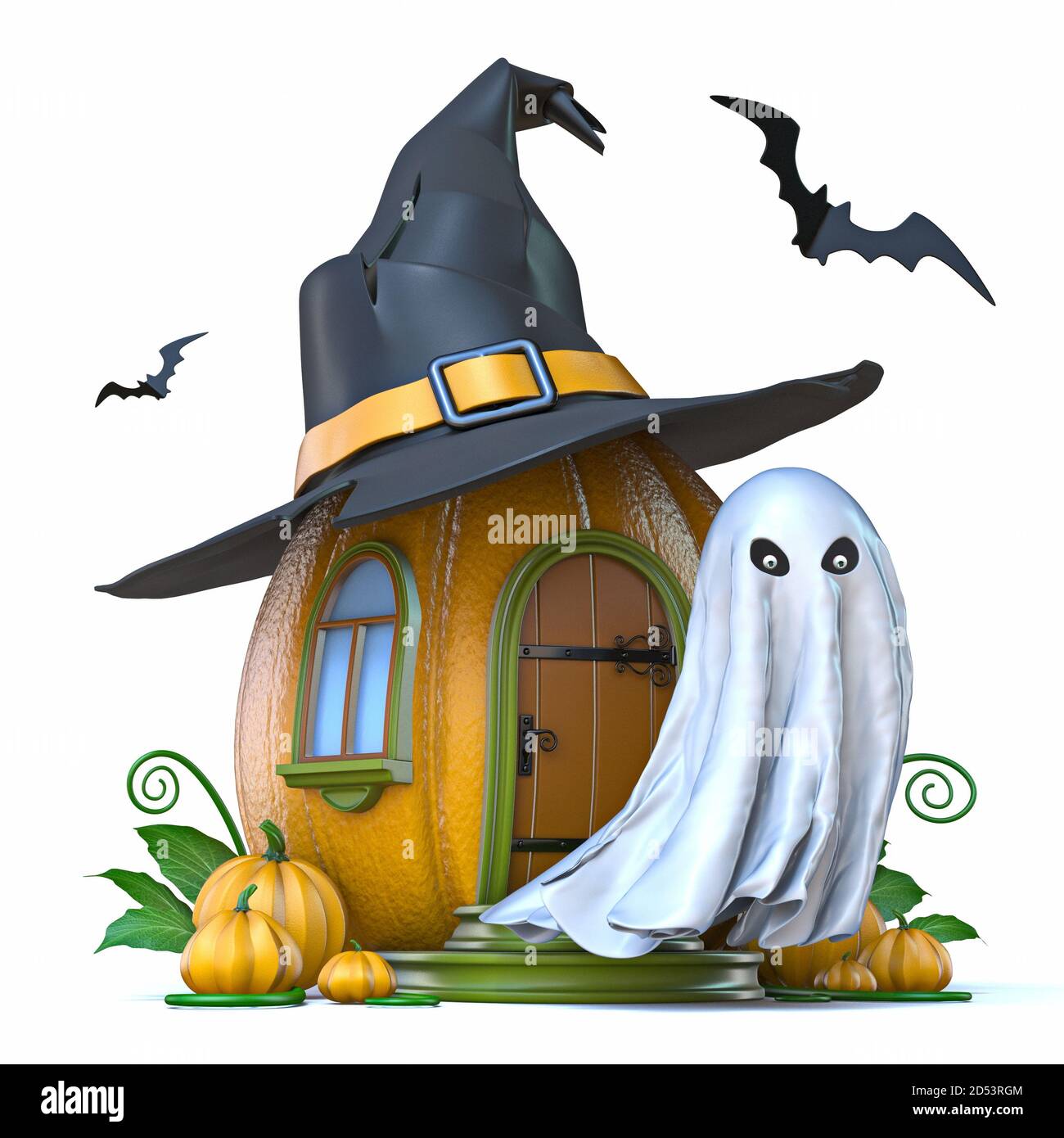Ghost in front of pumpkin house 3D render illustration isolated on ...