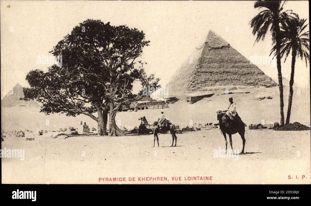 Ägypten, Pyramide de Khephren, vue Lointaine, Kamele, Pyramiden, Palmen ...