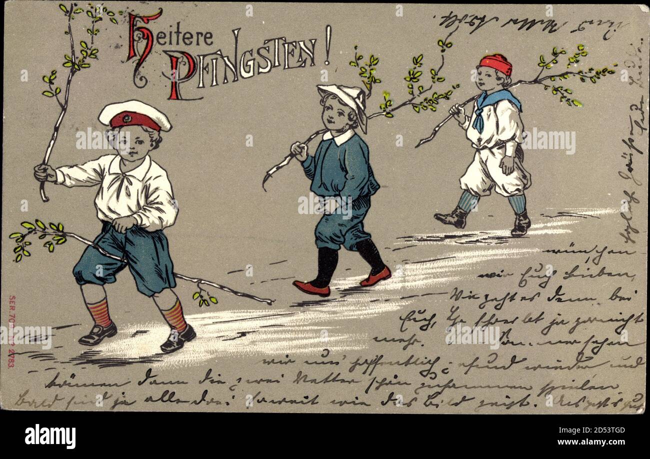 Glückwunsch Pfingsten, Drei Kinder mit Birkenästen | usage worldwide ...