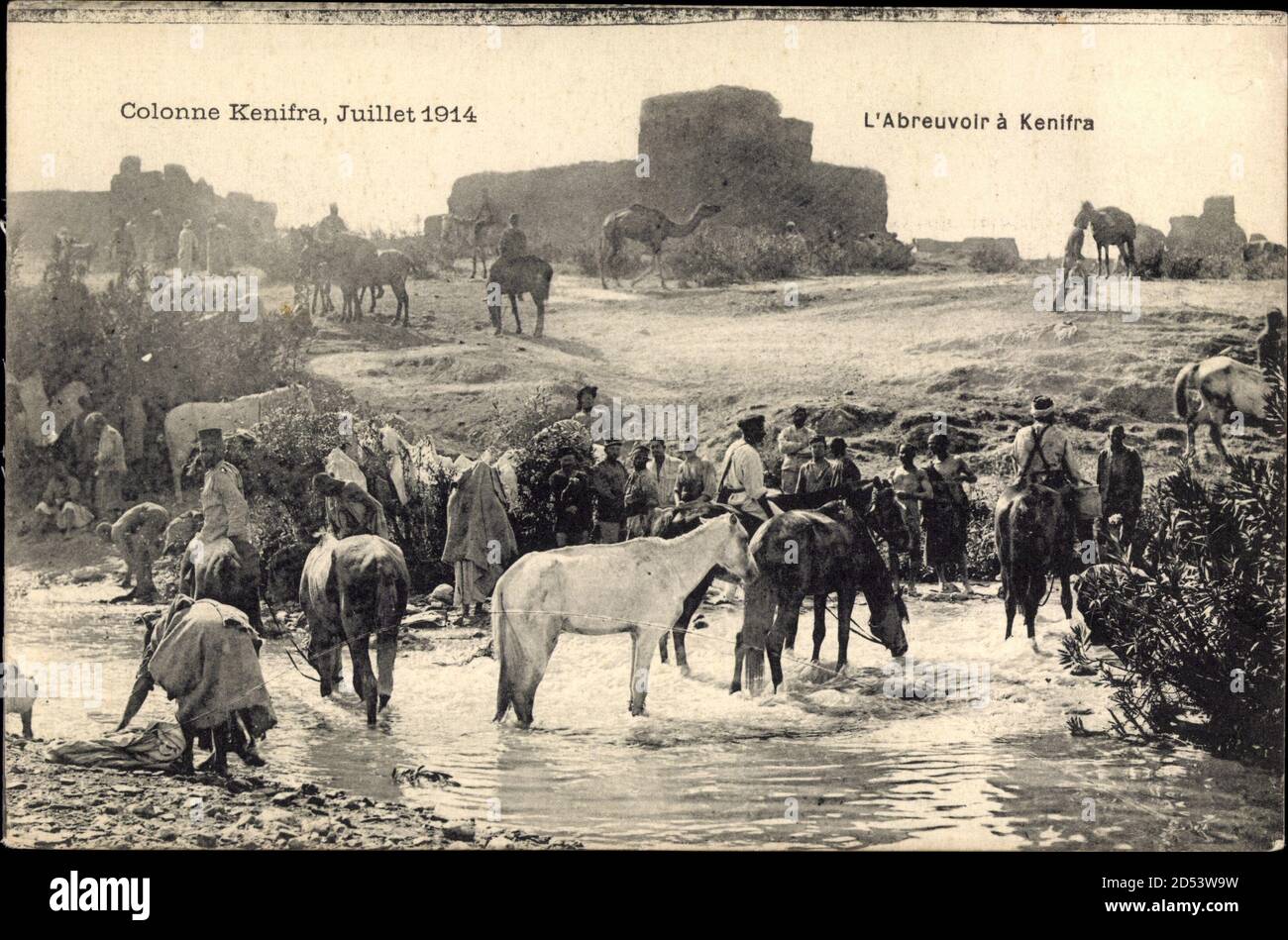 Marokko, Colonne Kenifra, Juillet 1914, lAbreuvoir, Pferde, Soldaten ... Marokko, Colonne Kenifra, Juillet 1914, lAbreuvoir, Pferde, Soldaten ...