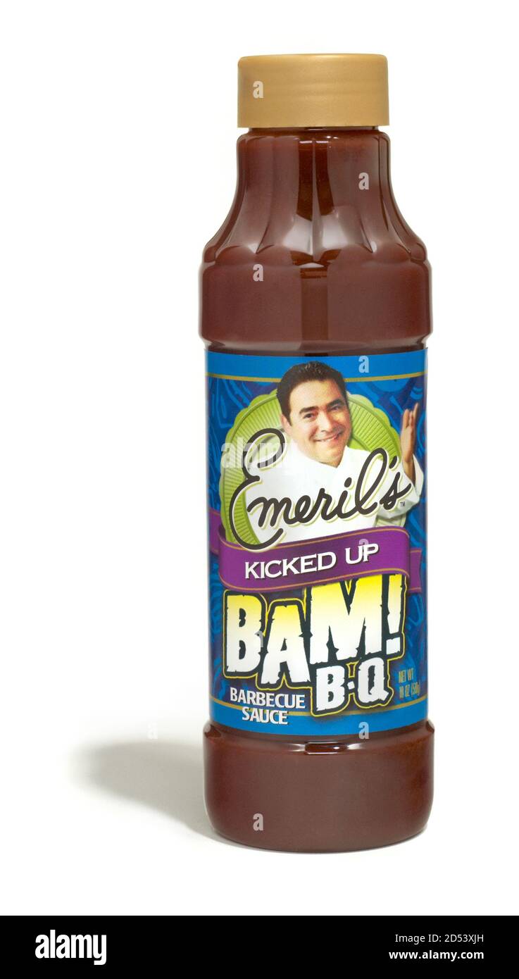 Emerils kicked up bam! b-q barbecue sauce photographed on a white ...