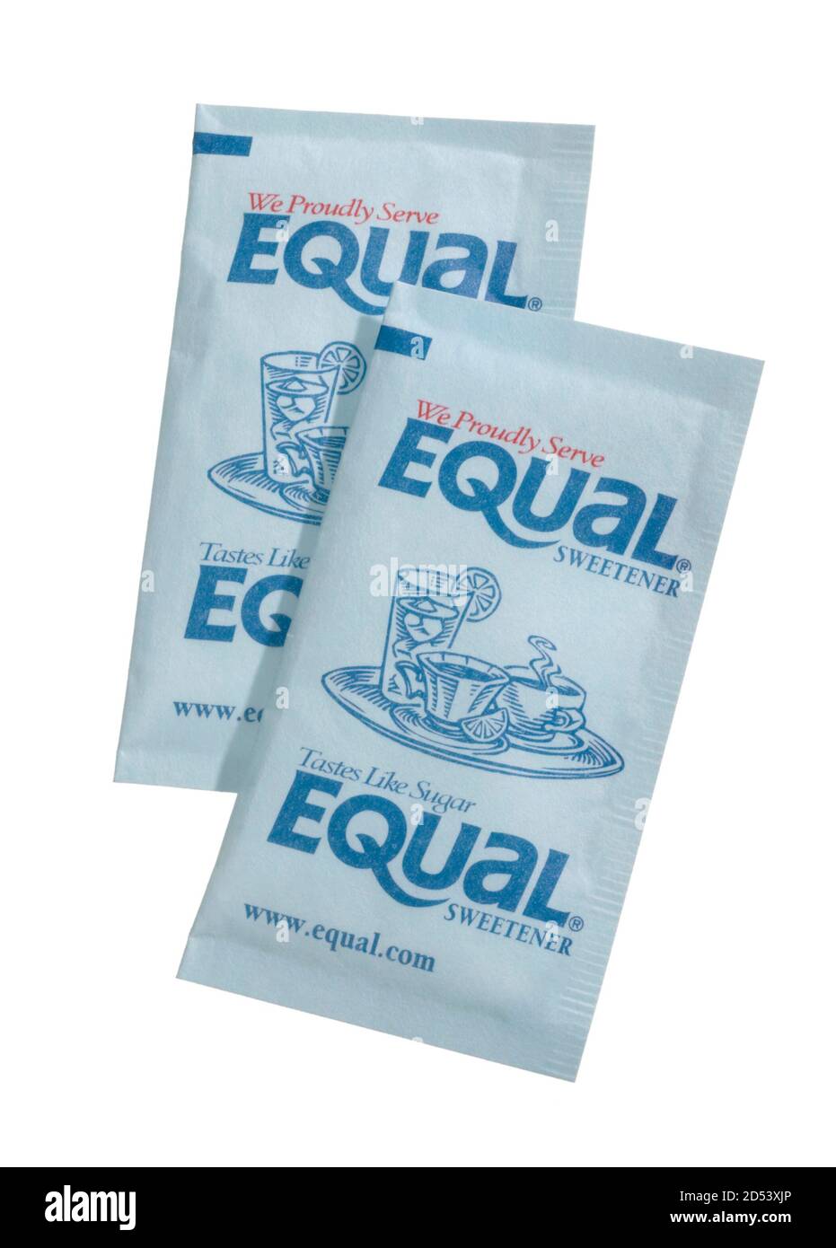Two blue Equal sweetener packets photographed on a white background ...