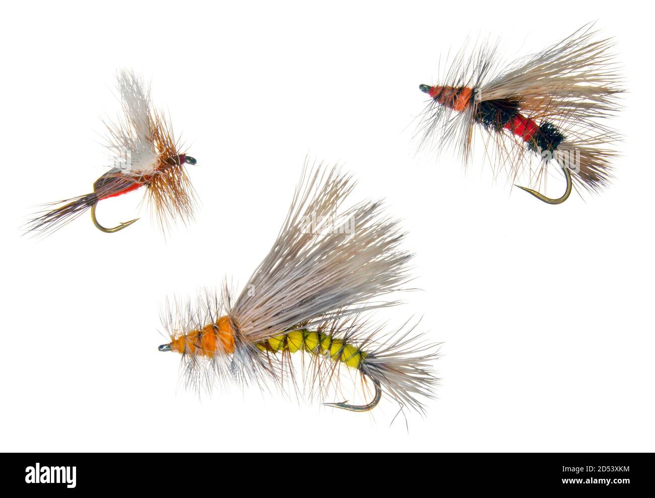 three red, orange, and yellow single hook fishing lures photographed on ...