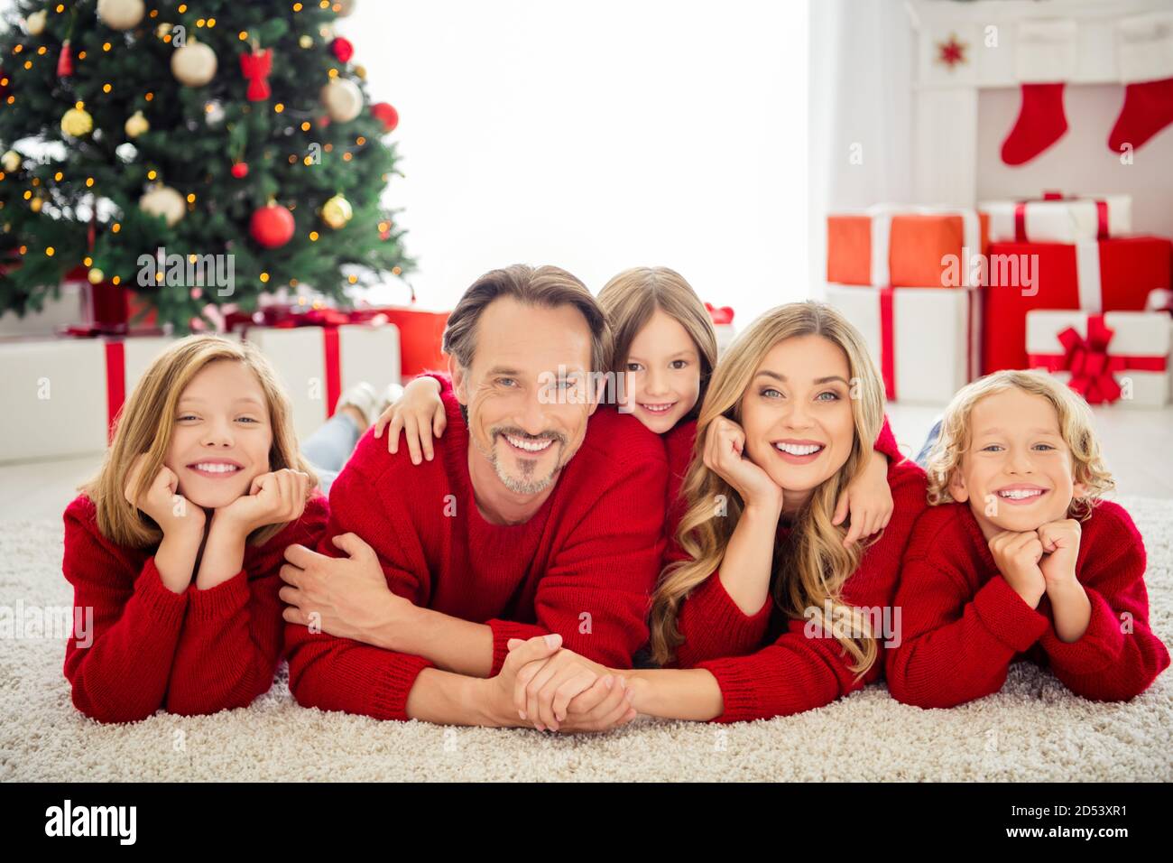 Photo of full big family five people x-mas gathering three small kids ...