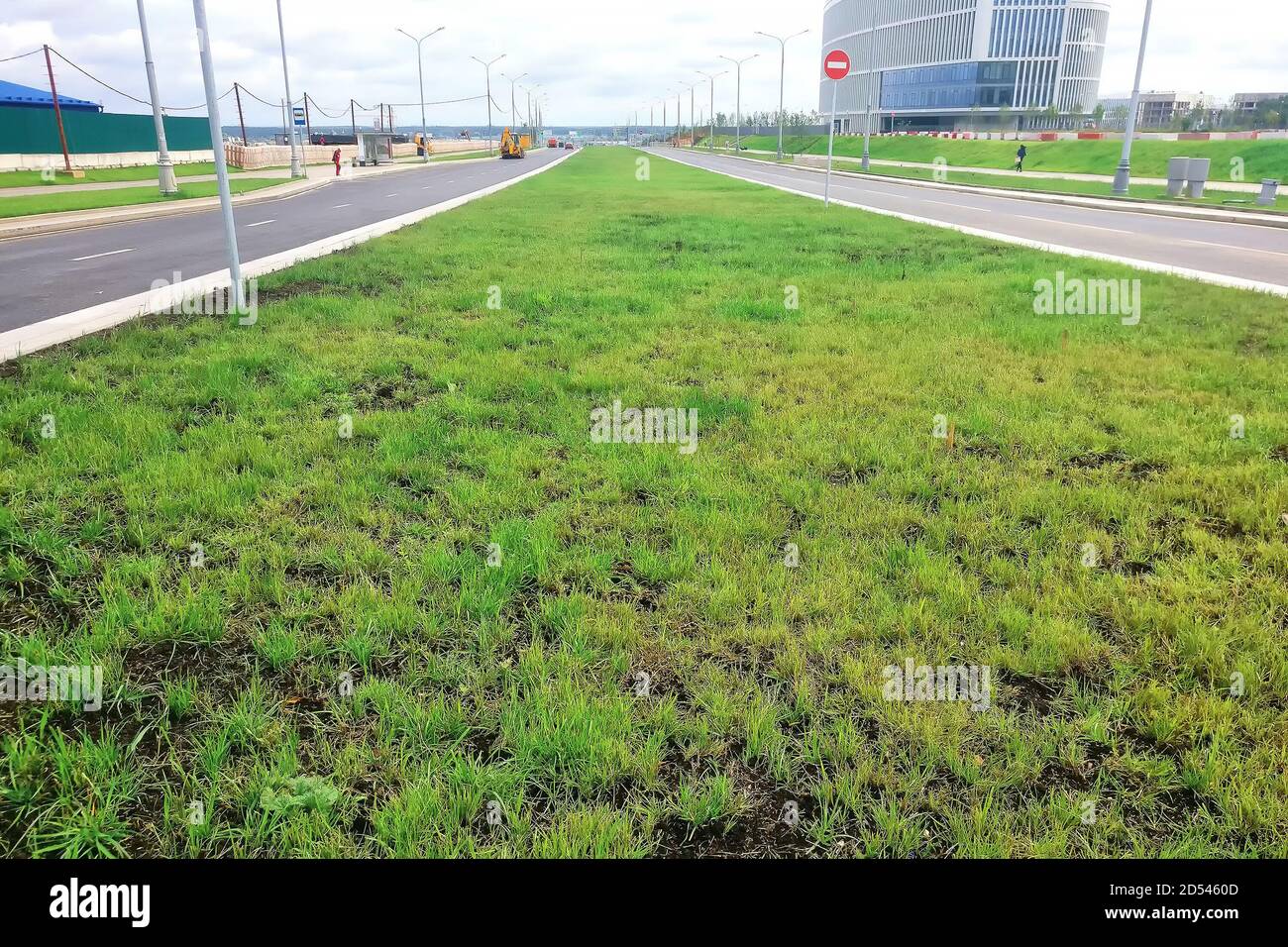Lawn along the newly built road, planting green grass Stock Photo - Alamy