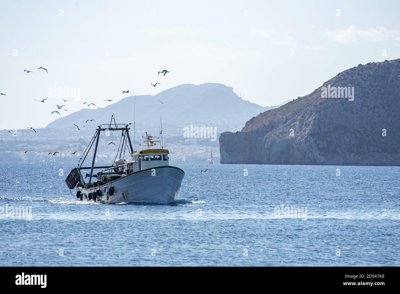 Ship on the sea with a flock of birds flying above it surrounded by ...