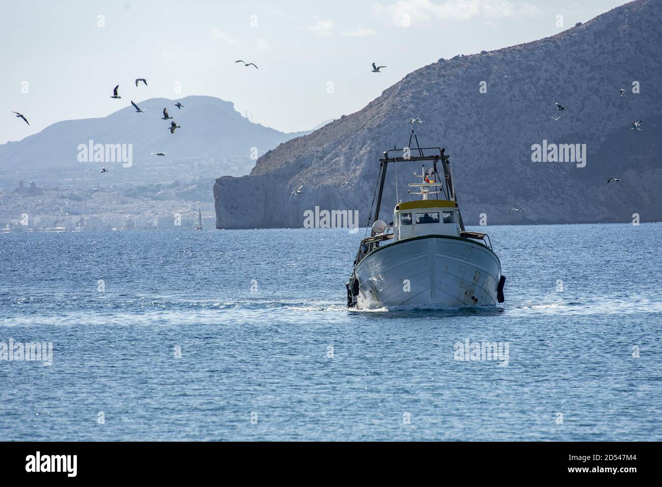 Ship on the sea with a flock of birds flying above it surrounded by ...