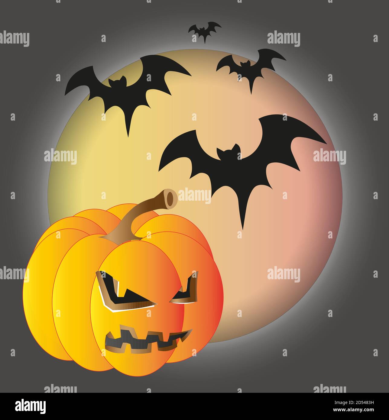Illustration of Halloween pumpkin with Moon and bats in black ...
