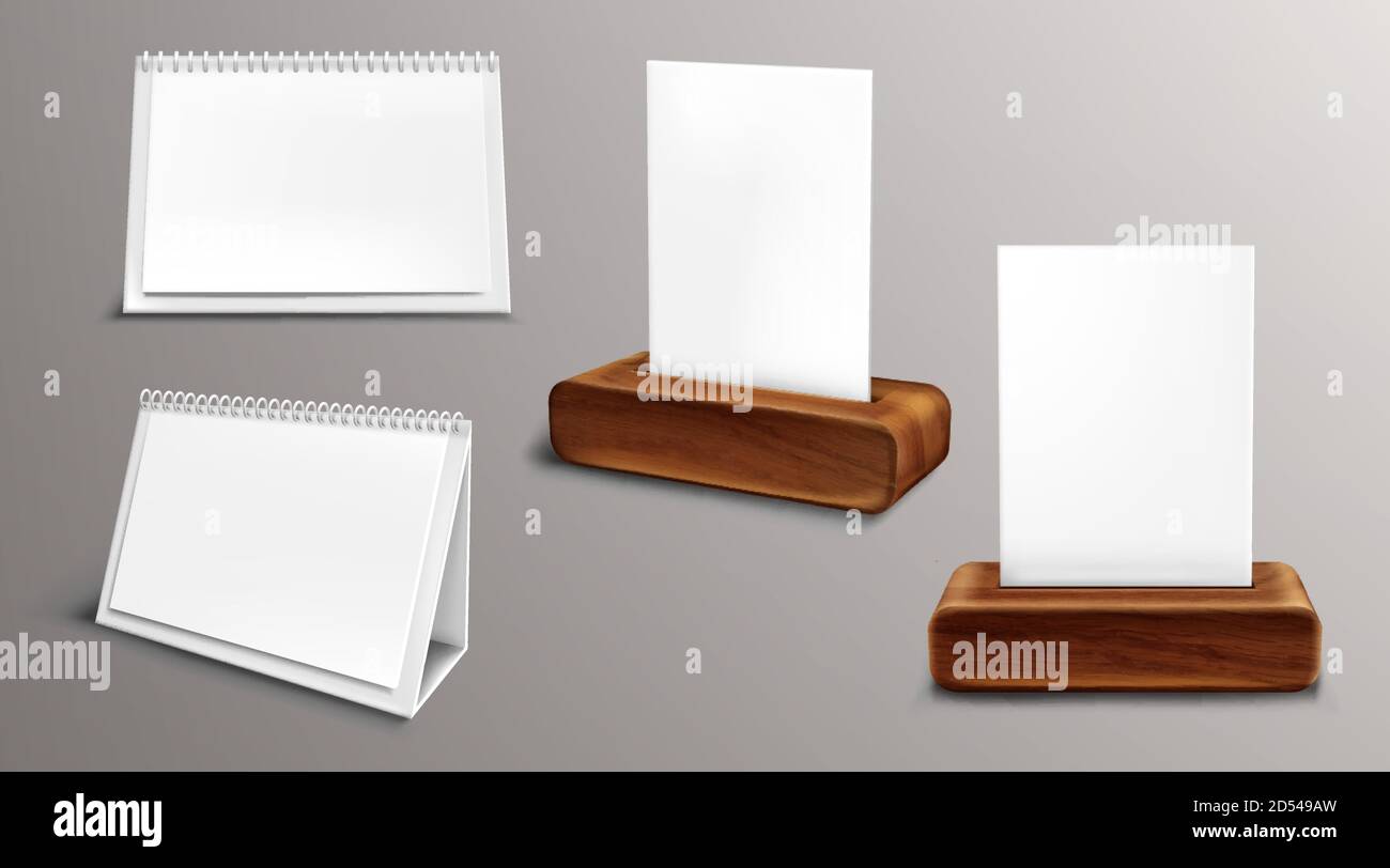 Calendar on wooden base mockup, loose-leaf almanac with blank pages and ...