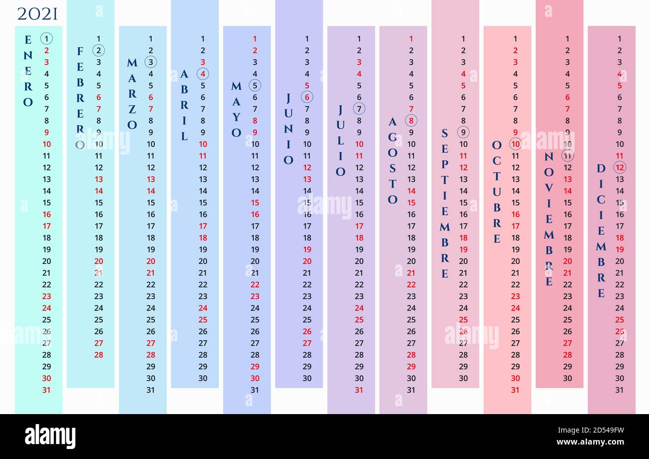 Spanish calendar 2021 template. New 2021 year. Vertical months. Vector ...
