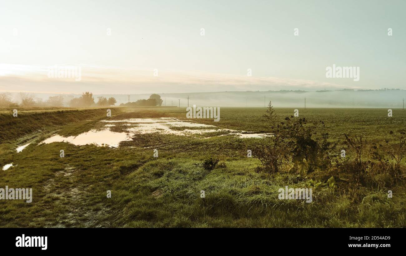 Natural disaster on the farm. Flooded field. Heavy rain and flooding ...