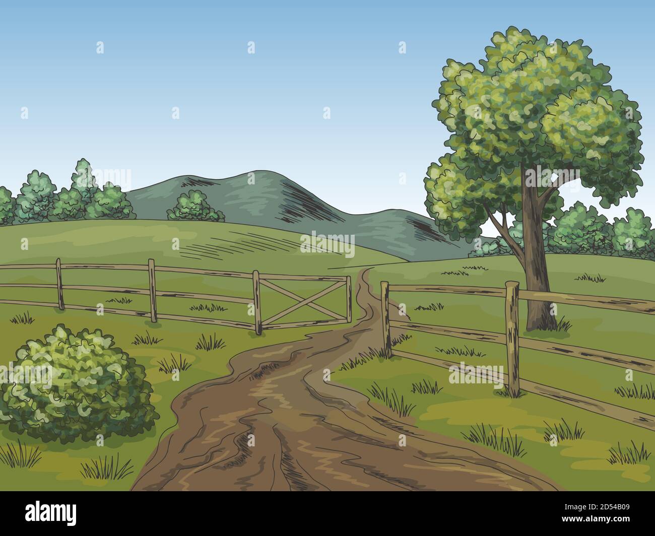 Rural road fence gate graphic color landscape sketch illustration ...