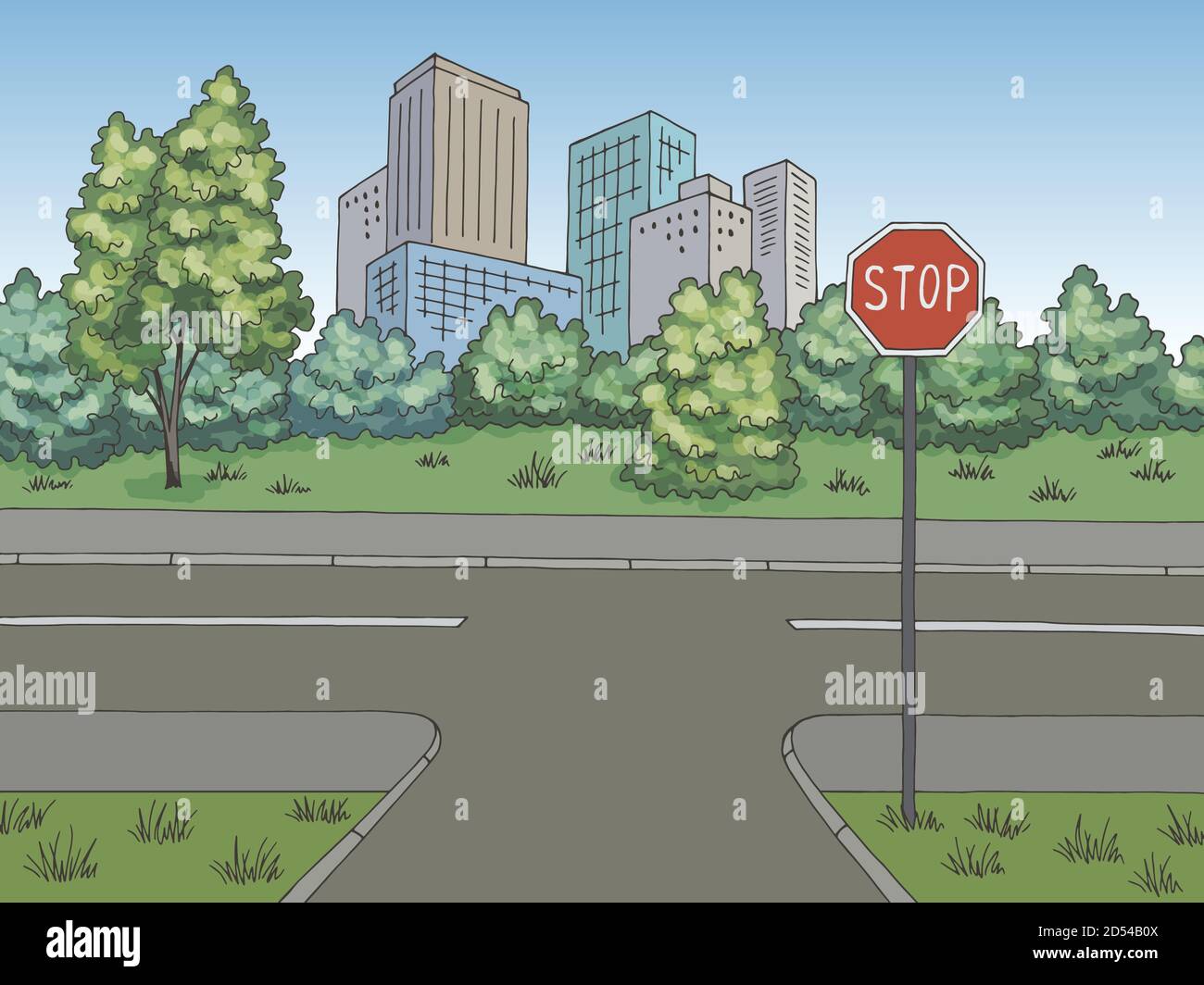 Crossroad street road graphic color city landscape sketch illustration ...