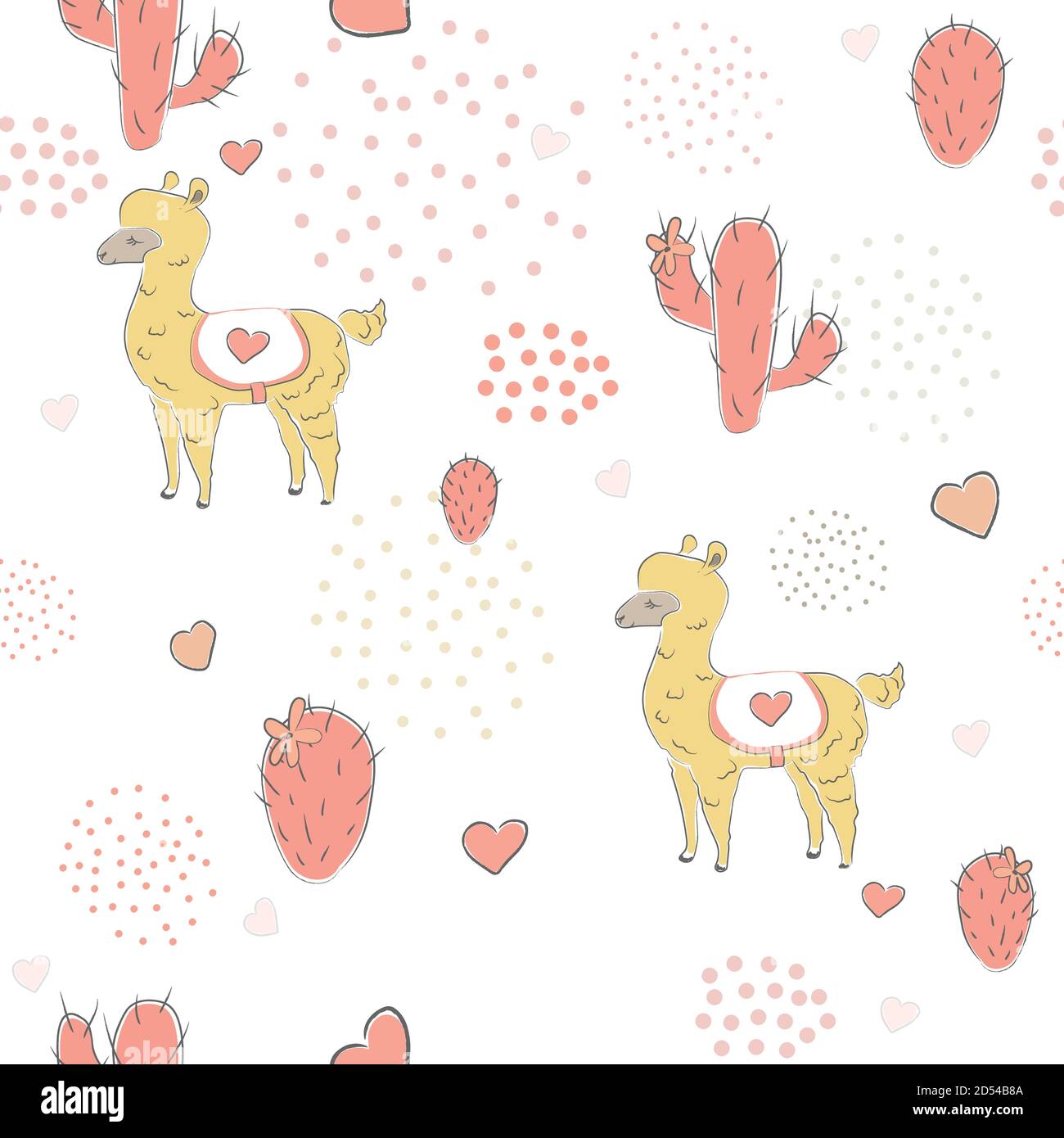 Seamless Alpaca Pattern with cacti, hearts and dots on dark background ...