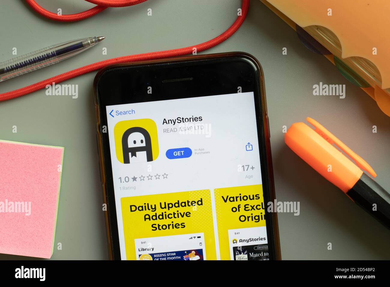 New York, USA - 29 September 2020: AnyStories mobile app logo on phone screen close up ...