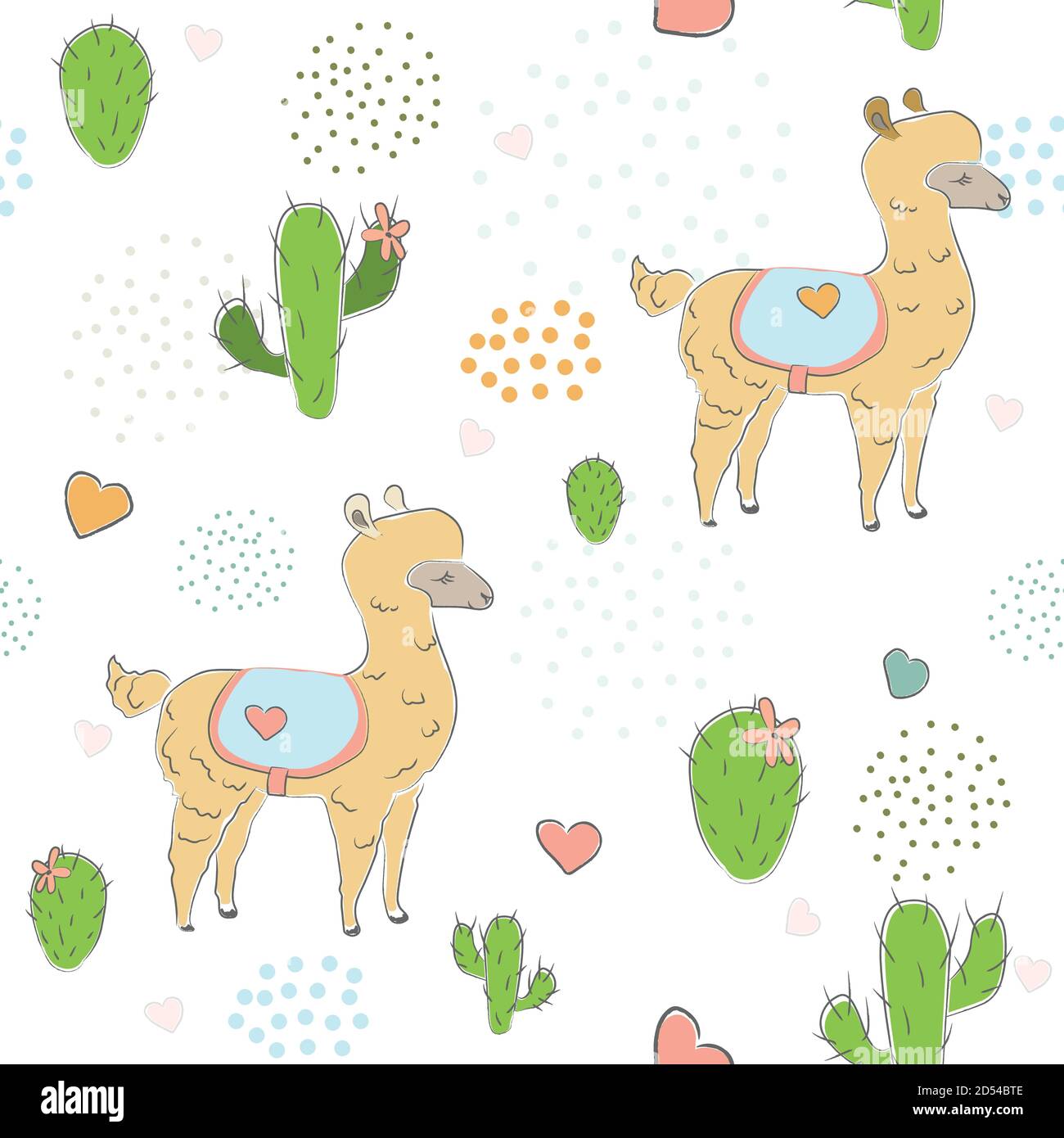 Seamless Alpaca Pattern with cacti, hearts and dots on dark background ...