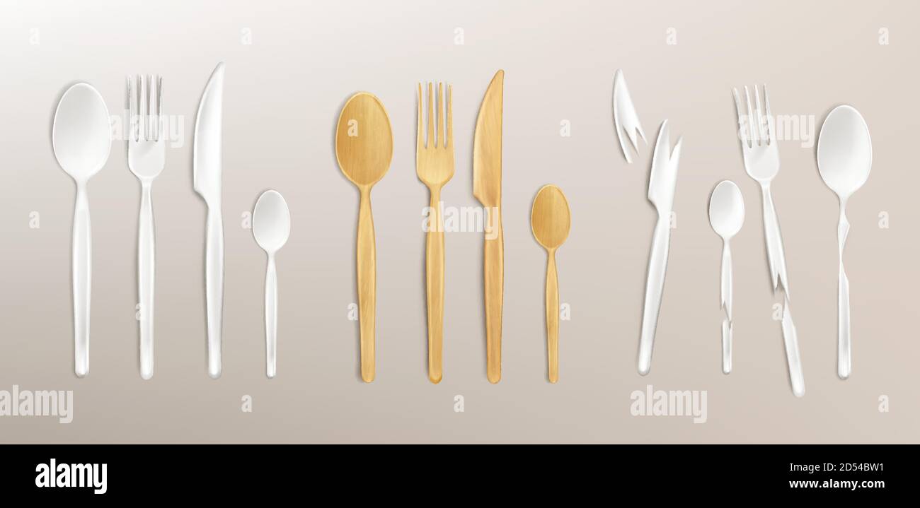 3d cutlery wood and broken plastic, disposable fork, spoon and knife ...