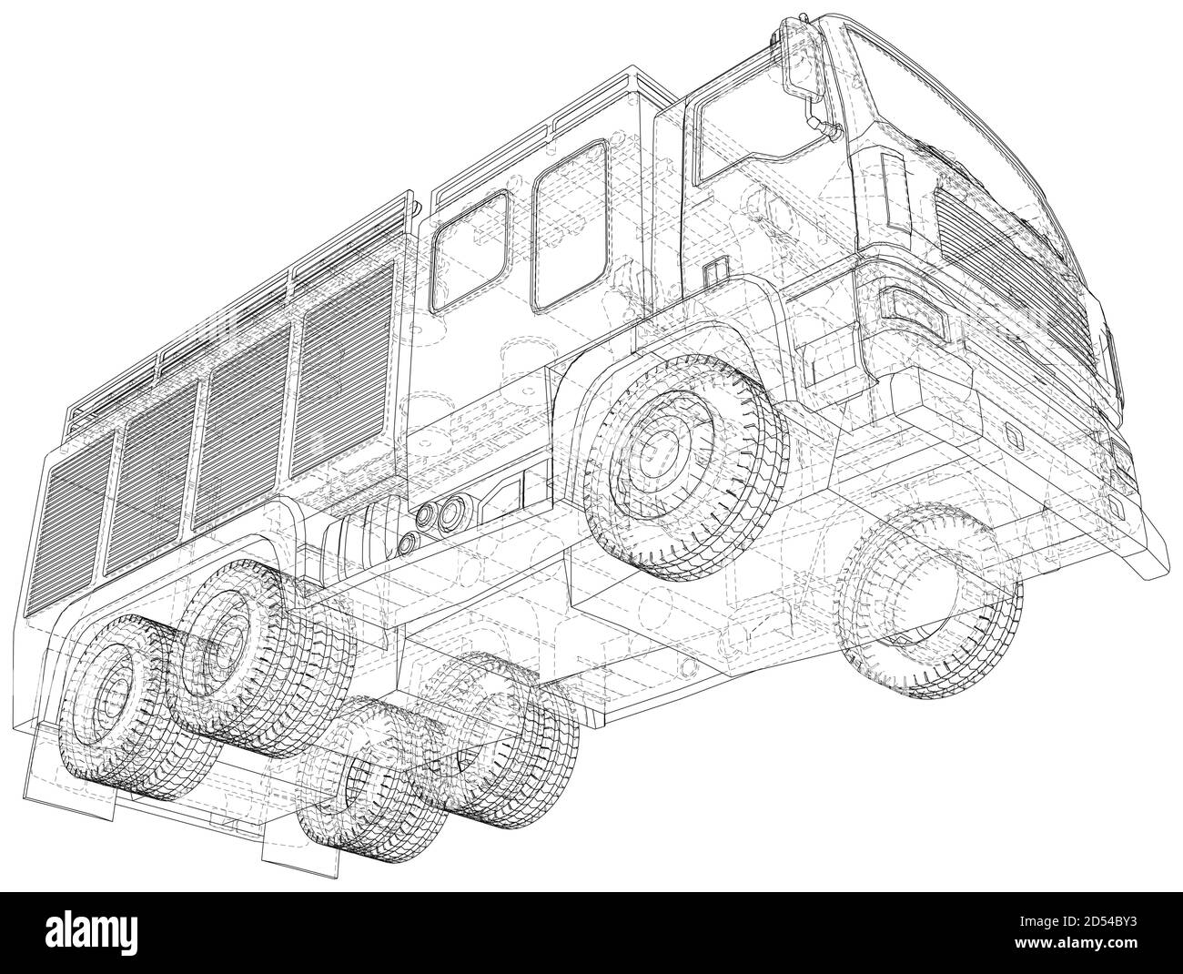 Vector Wire-frame Fire truck. The layers of visible and invisible lines ...