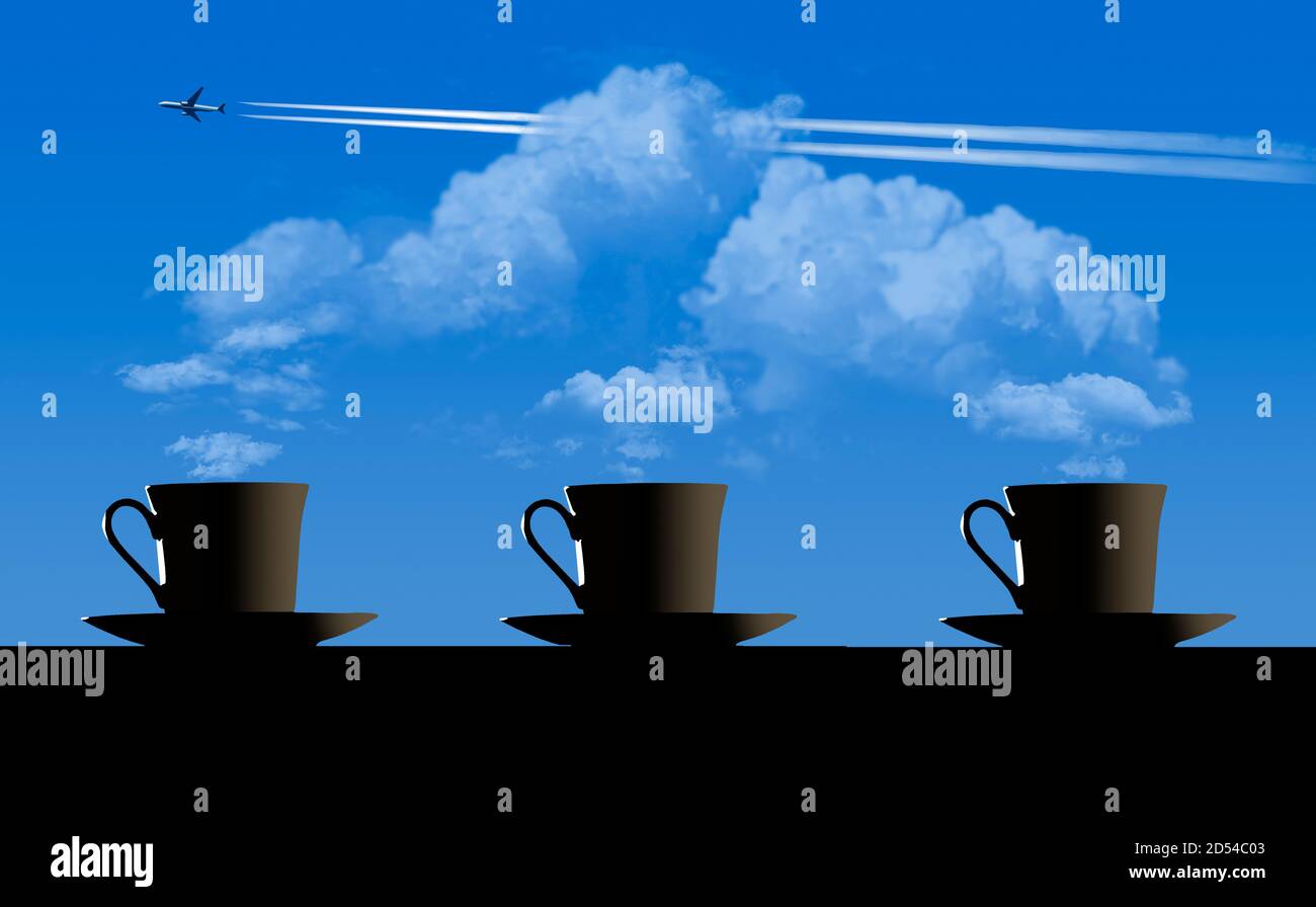 Four cups of coffee on the wooden table over blue sky and clouds with a ...