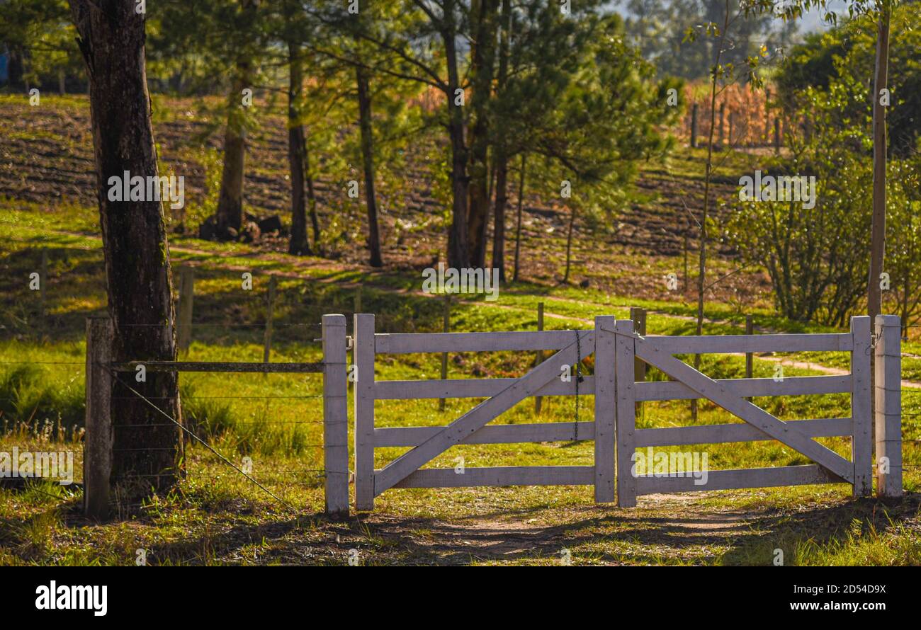 Wooden gate. Entrance of rural property in southern Brazil. Area of ...