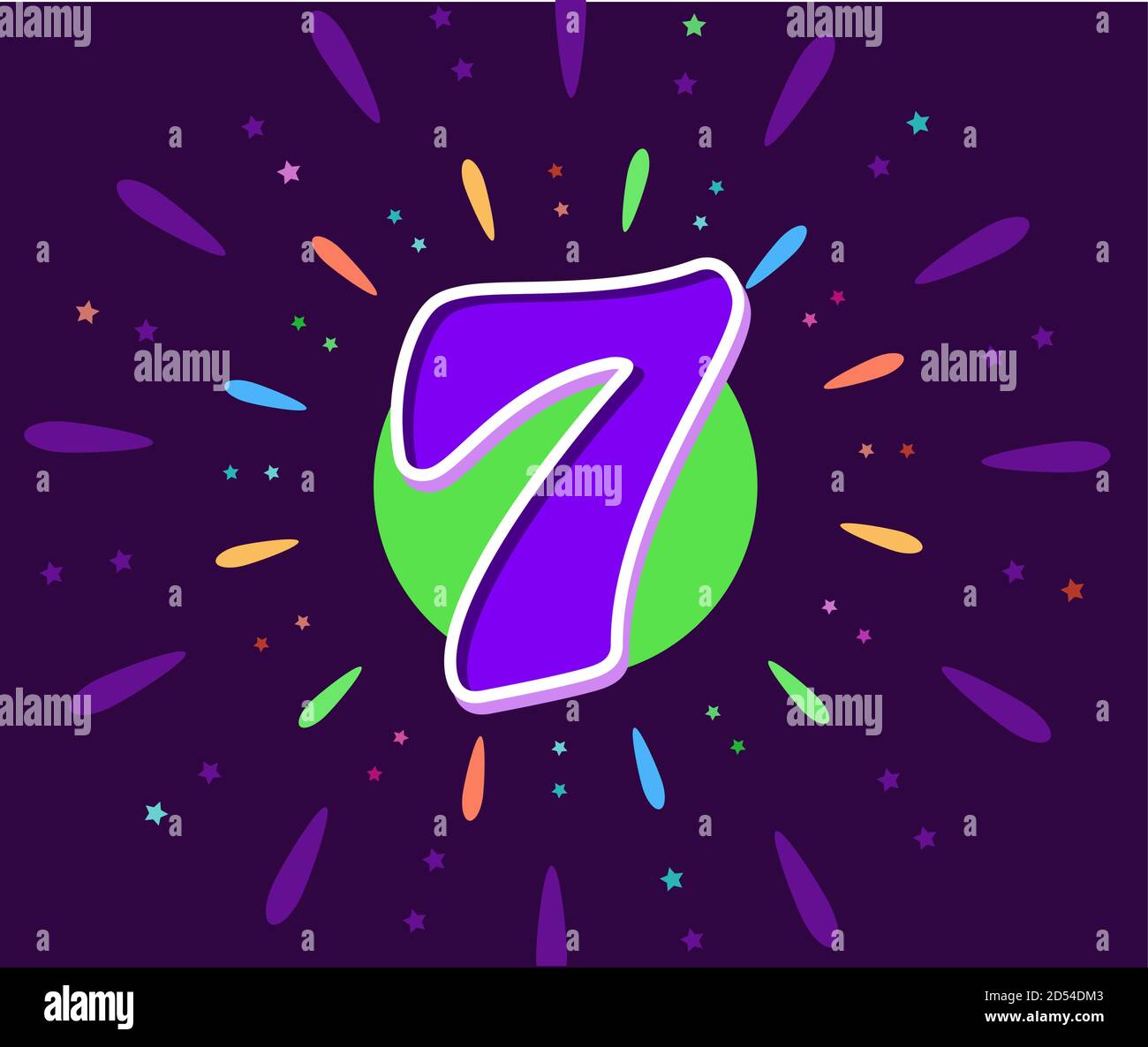 The violet 7 in the middle of the fireworks. Holiday card on dark ...