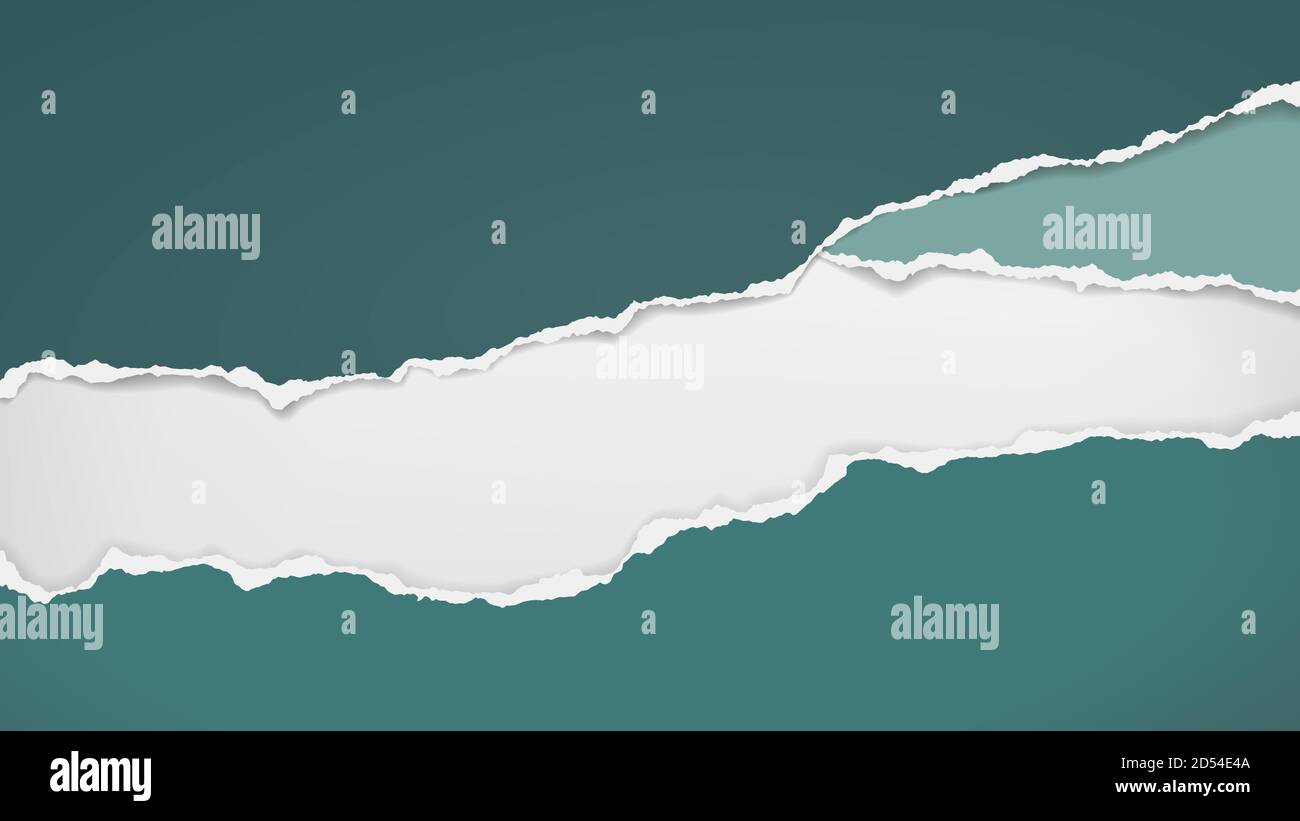 Torn of turquoise, green paper strips, pieces are on white background ...