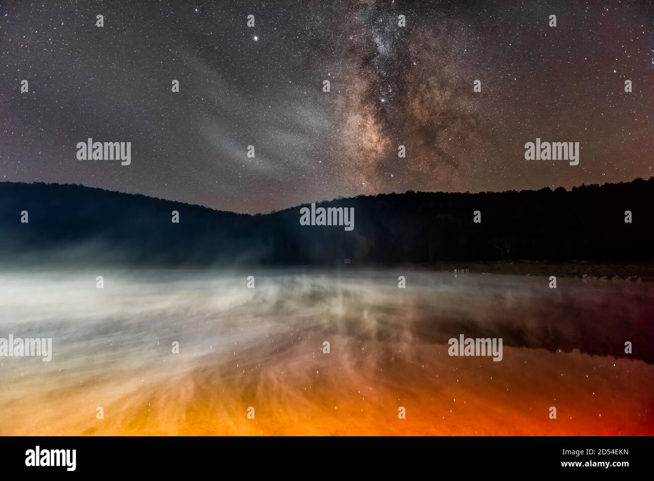 Night dark sky with milky way in Spruce Knob Lake in West Virginia with ...