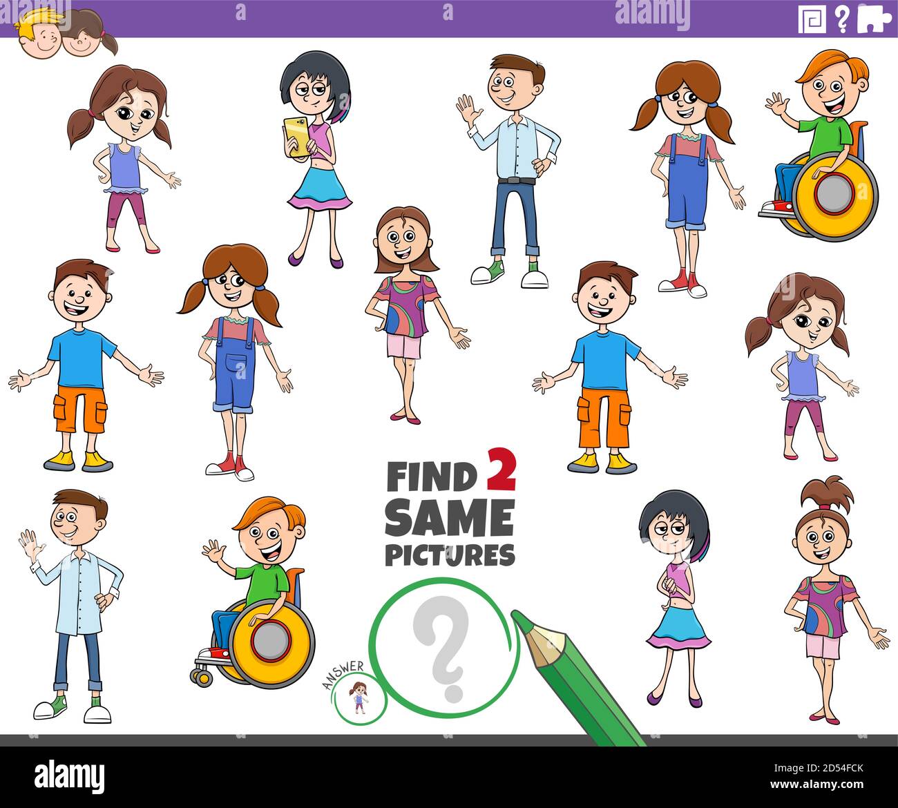 Cartoon Illustration of Finding Two Same Pictures Educational Task with ...