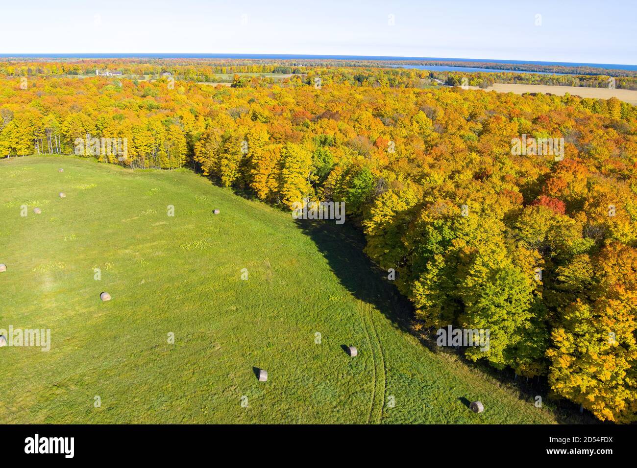 Field of hay bales with fall colors from above with a drone Stock Photo ...