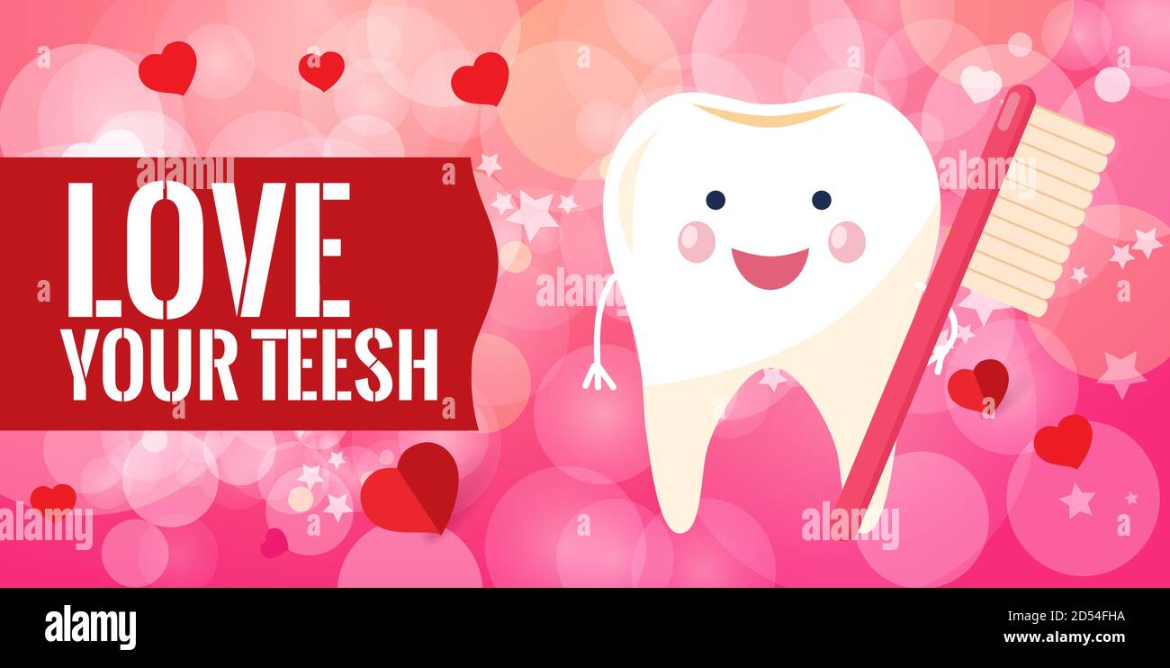 Bright red banner - love your teeth. A healthy smiling tooth character ...
